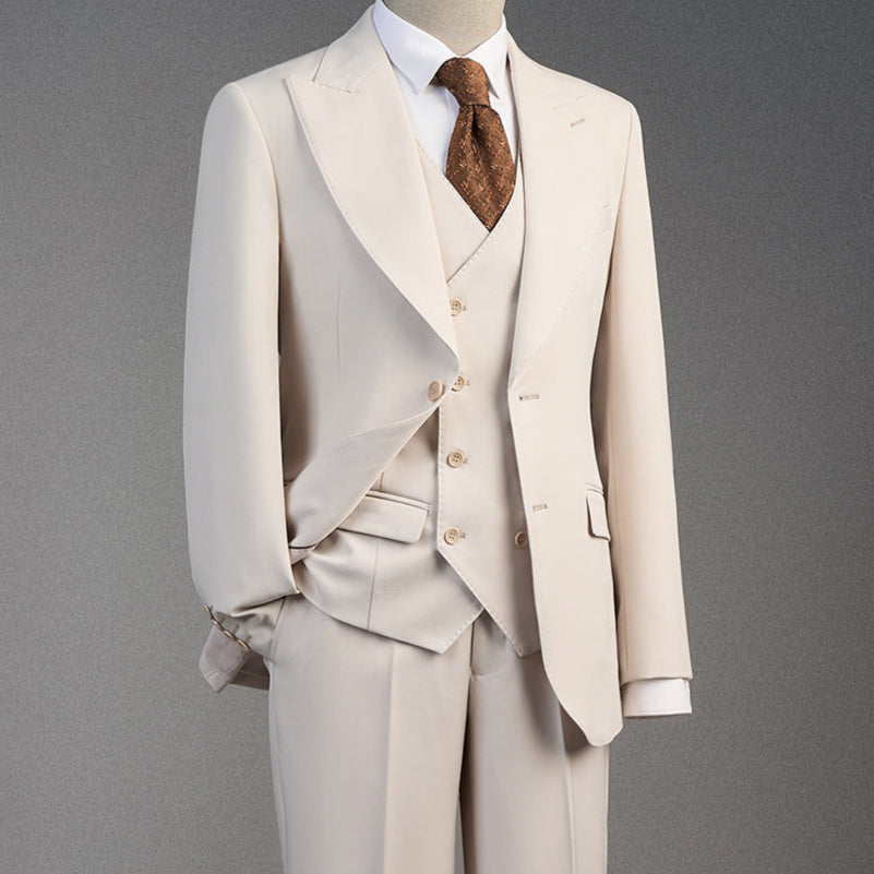Men's 3-piece Barge Collar Beige Suit