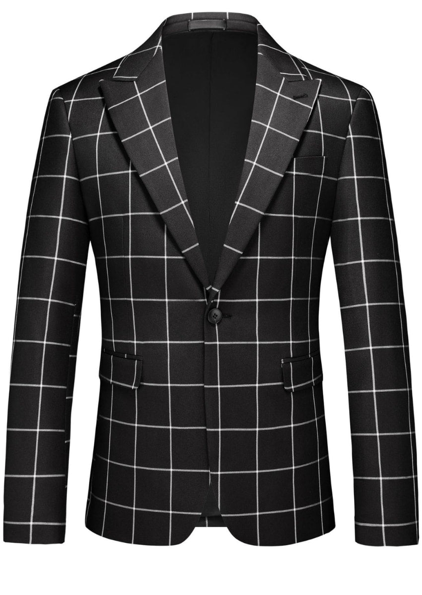 Men’s Slim Fit Black Plaid One Button Casual Blazer