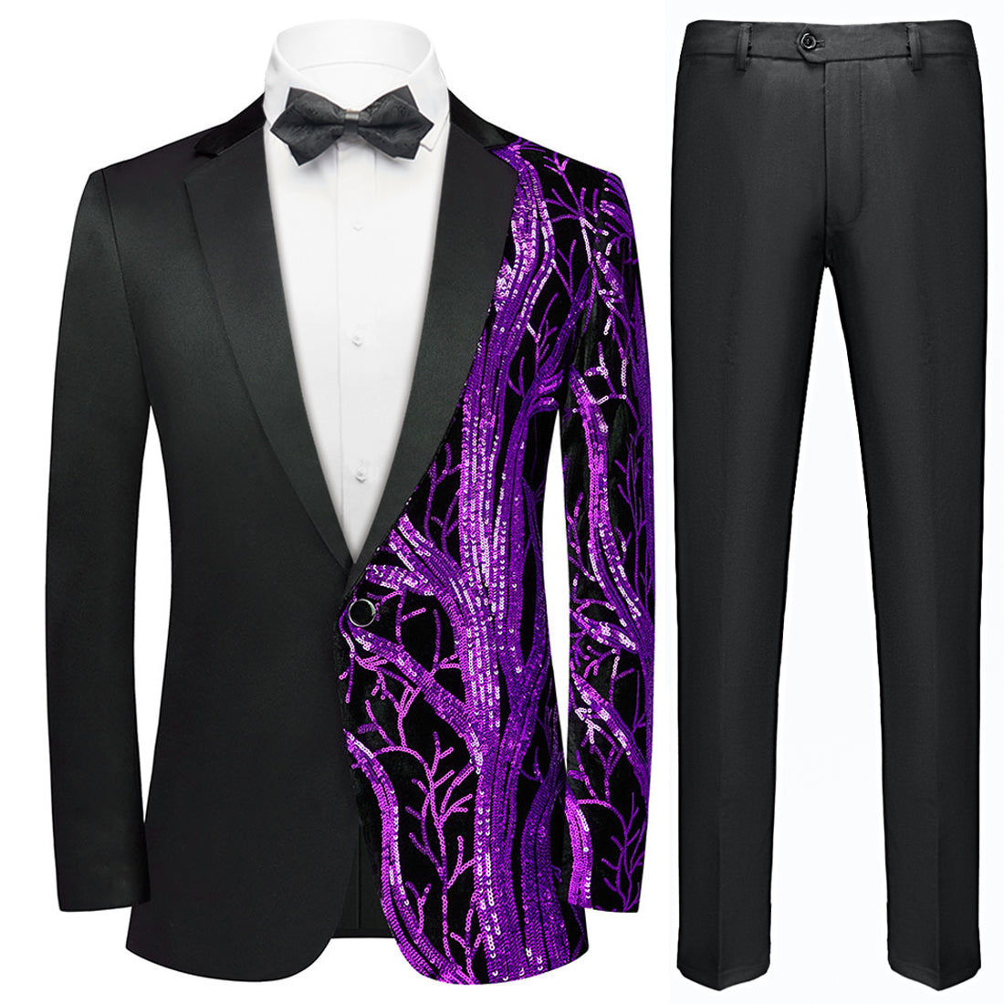 Men's 2-Piece Suit Purple Shimmering Branches Black Tuxedo