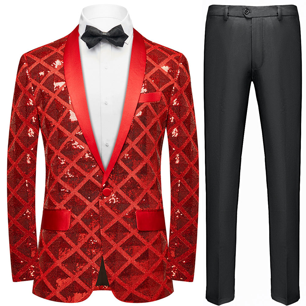 Men's Diamond Pattern Red Tuxedo Sequin Jacket