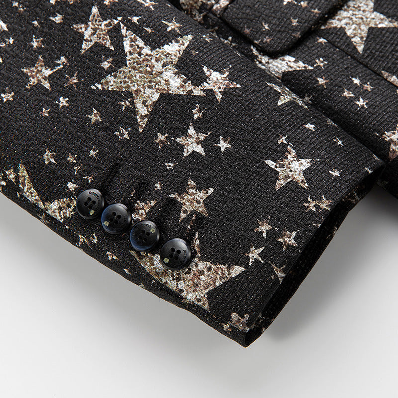 Men's Peak Lapel Gold Stars Printed Black Tuxedo Jacket