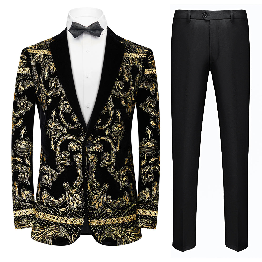 Mens Slim Fit Embroidered Dinner Jacket Black and Gold